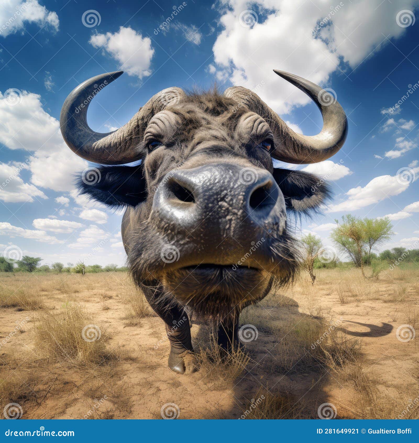 African Buffalo in the Savannah, Wide-angle Image from Below Stock ...