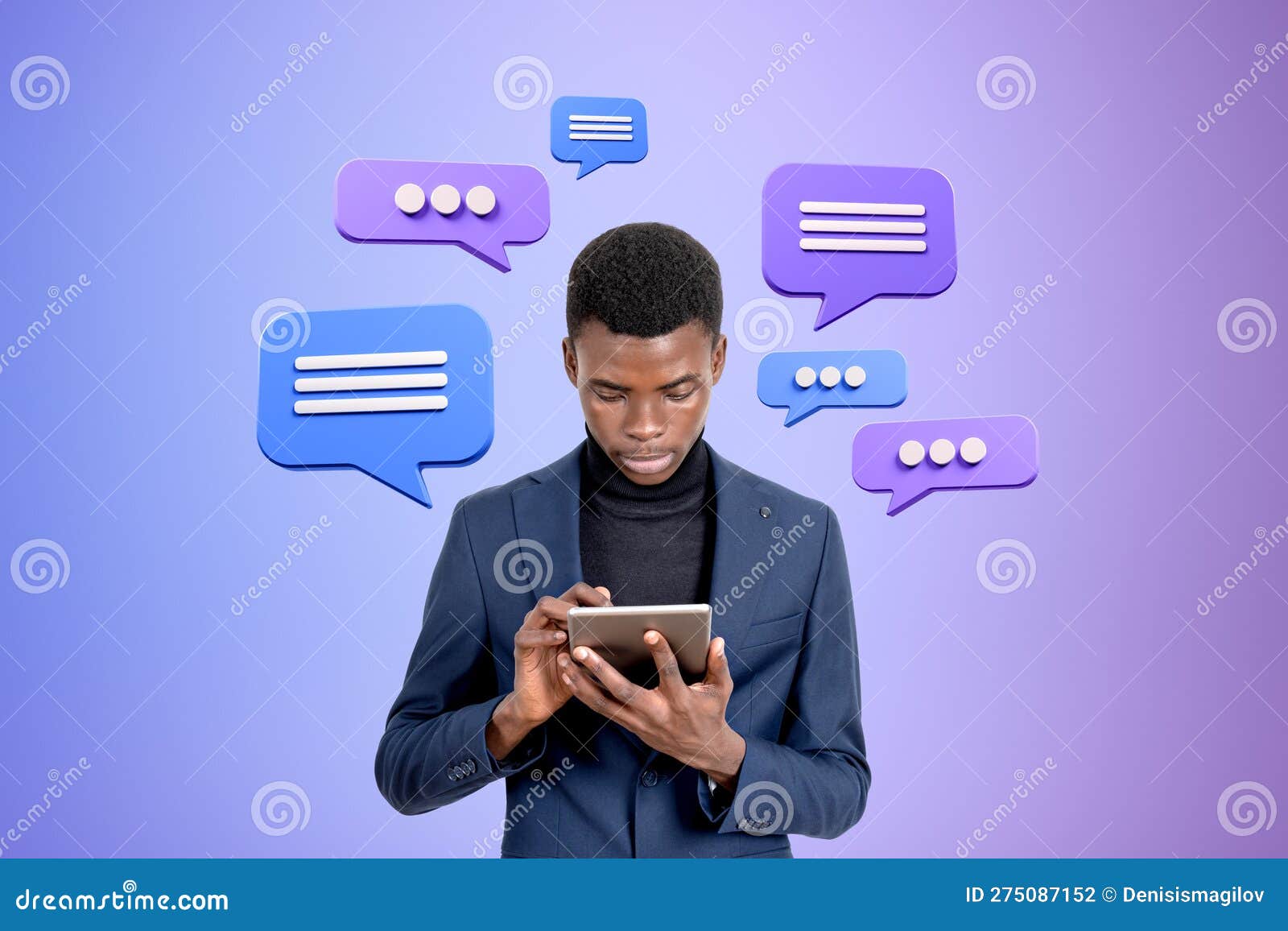 African Businessman with Tablet, Text Message Bubbles and Social ...