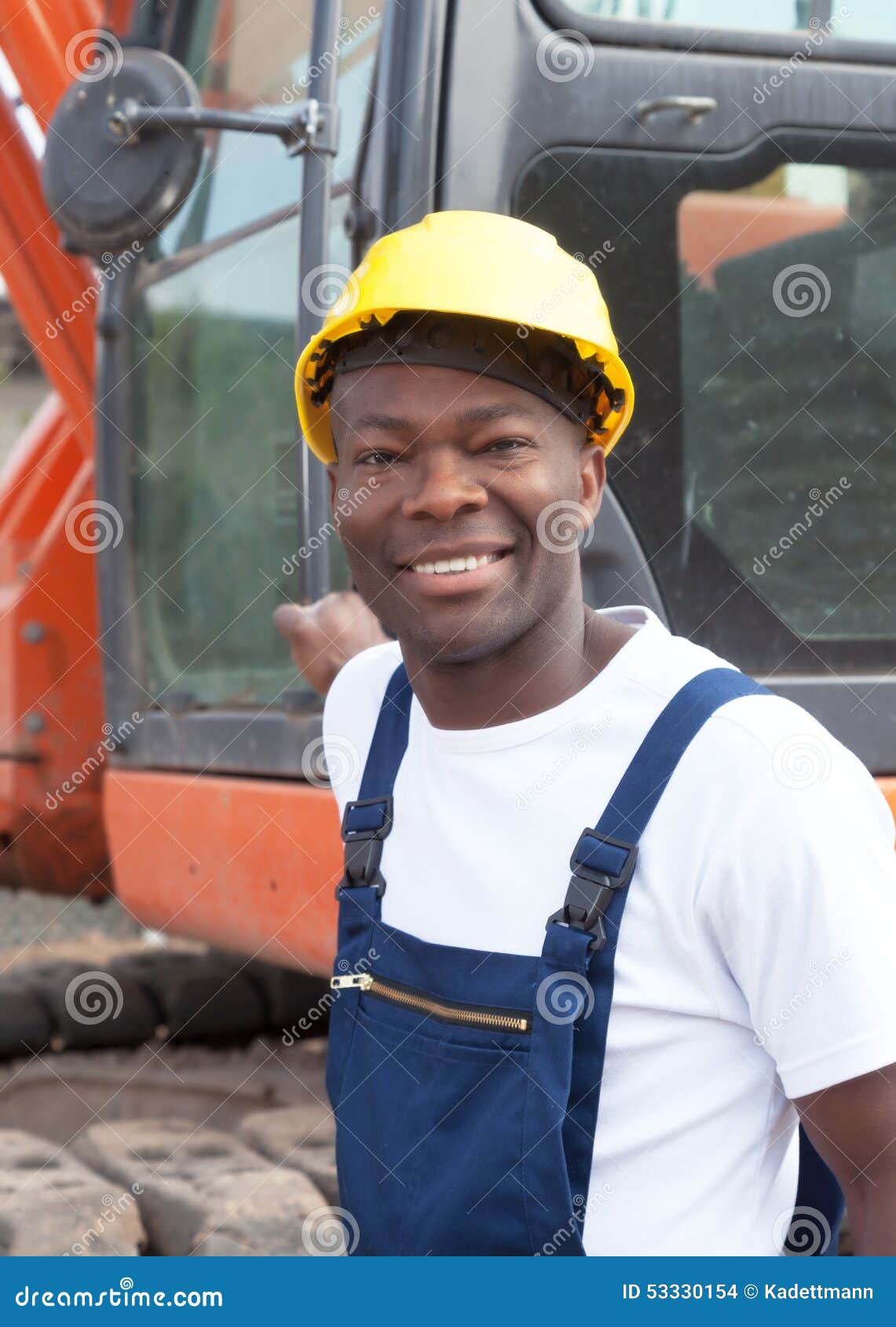 African Construction Worker With Red Excavator At Construction Site ...