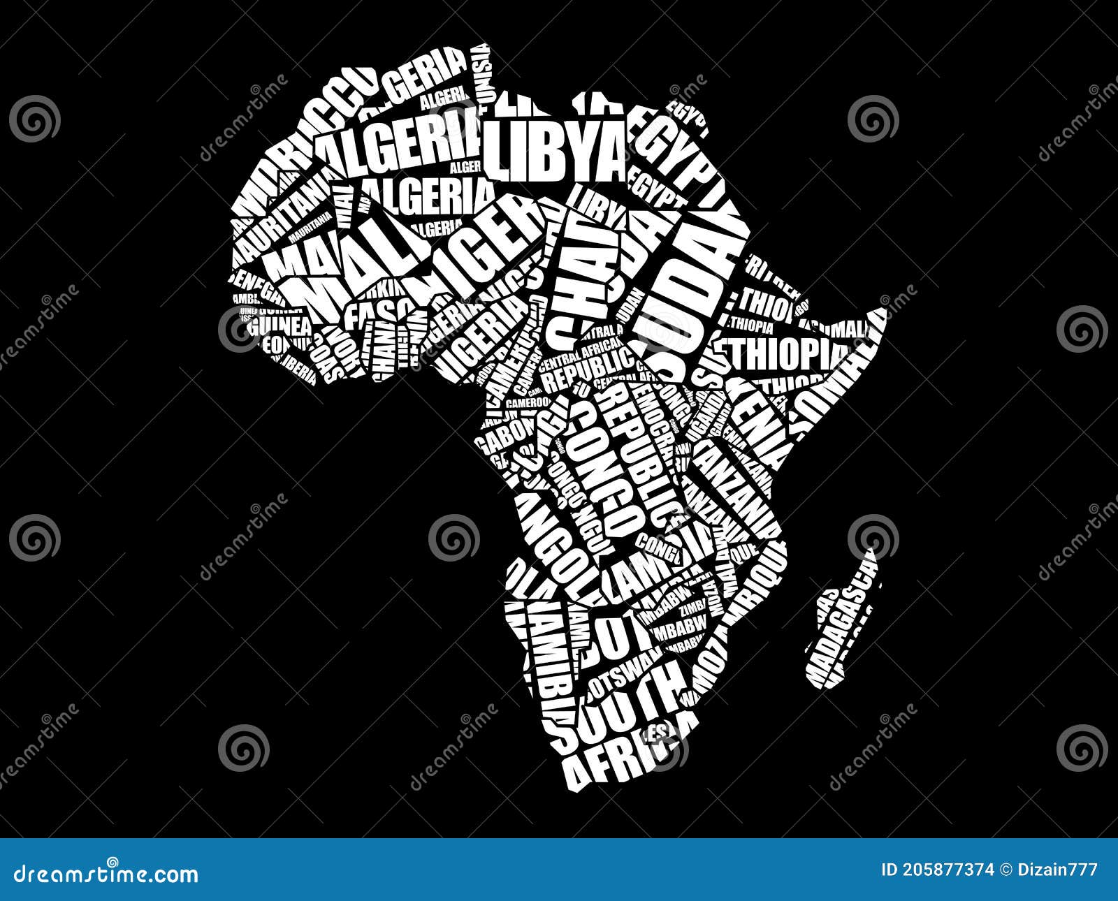 African Countries Map in Typography Stock Illustration - Illustration ...