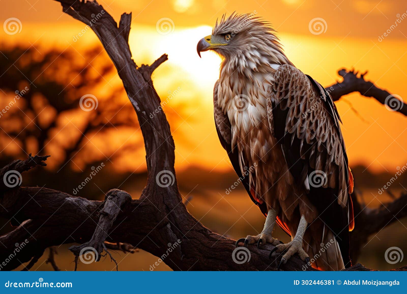 African Eagle Perched on a Tree Branch, Feathers Billowing in Wind Stock Illustration ...