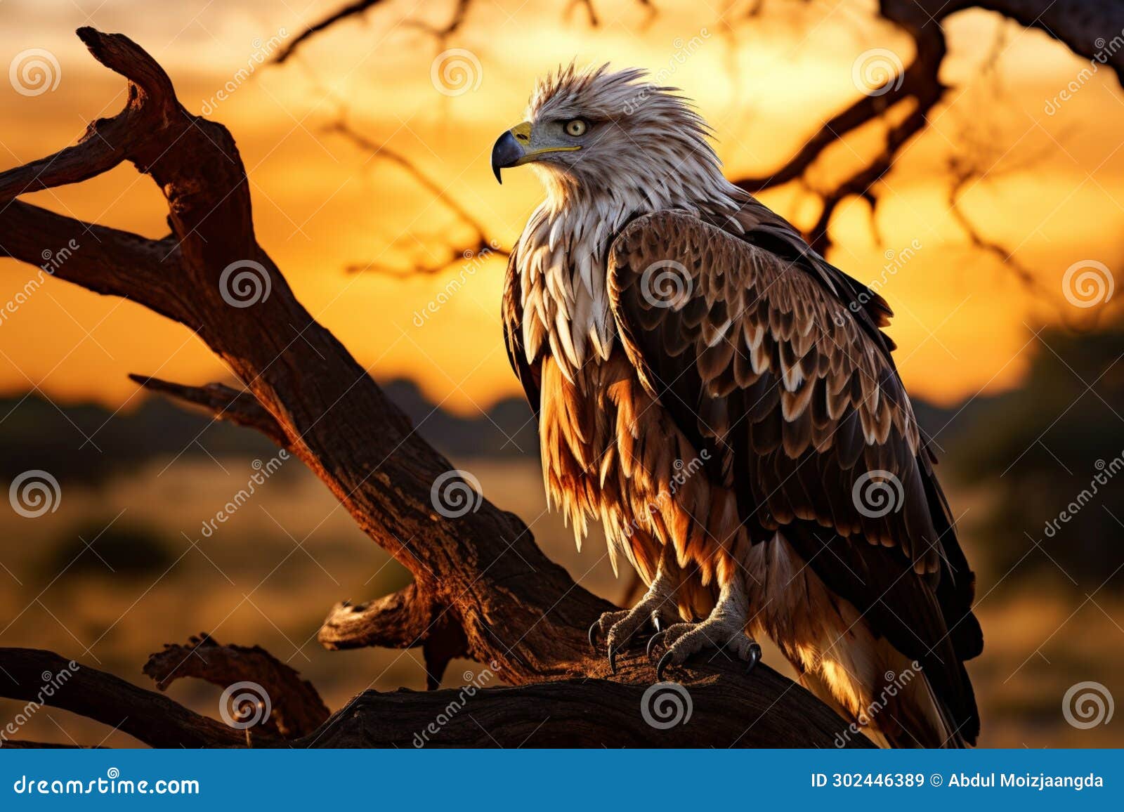 African Eagle Perched on a Tree Branch, Feathers Billowing in Wind Stock Illustration ...