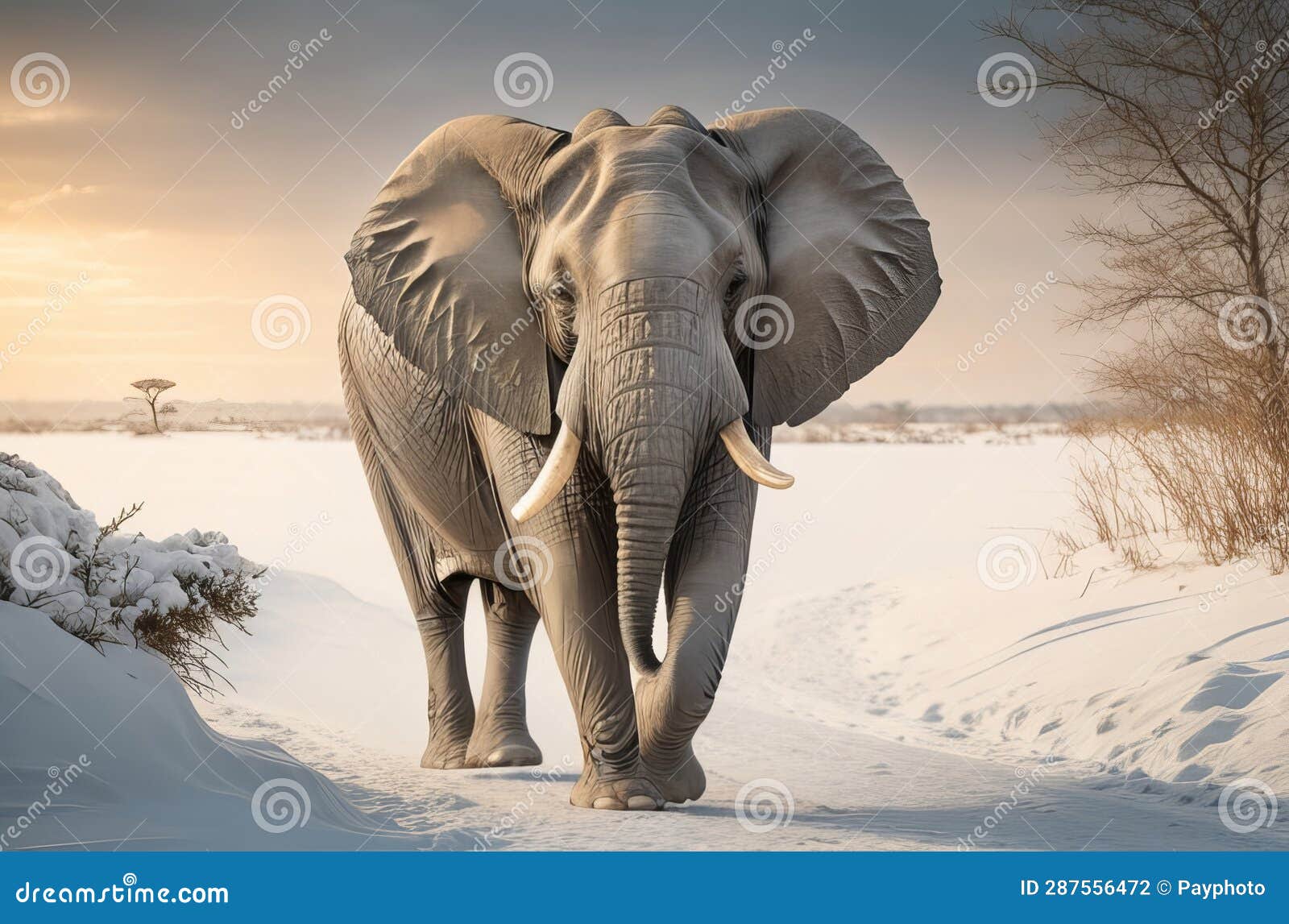 African Elephant Gracefully Walking in the Snow. Stock Photo - Image of ...