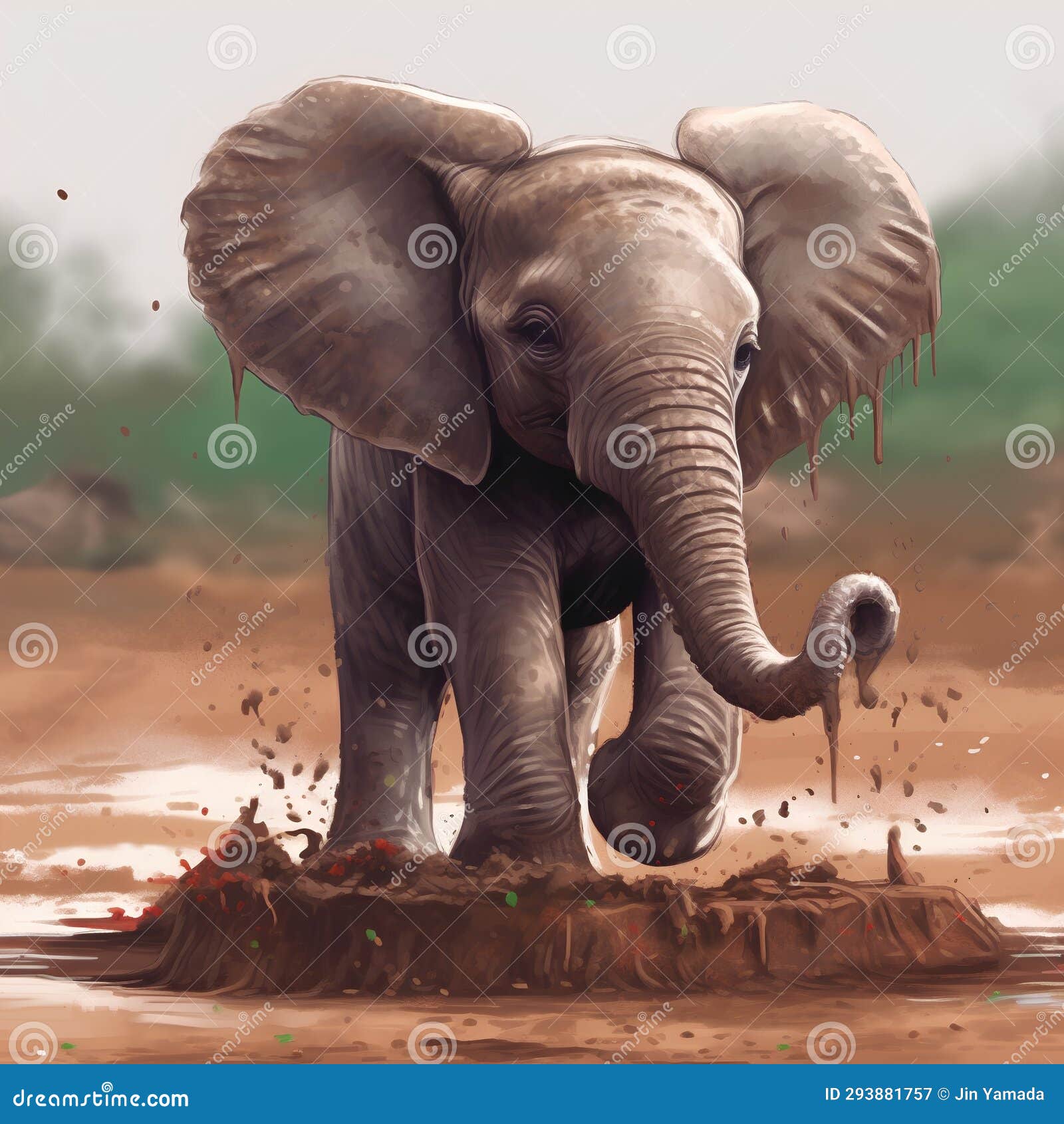 African Elephant in a Mud Puddle - 3D Render Illustration. Stock Image ...