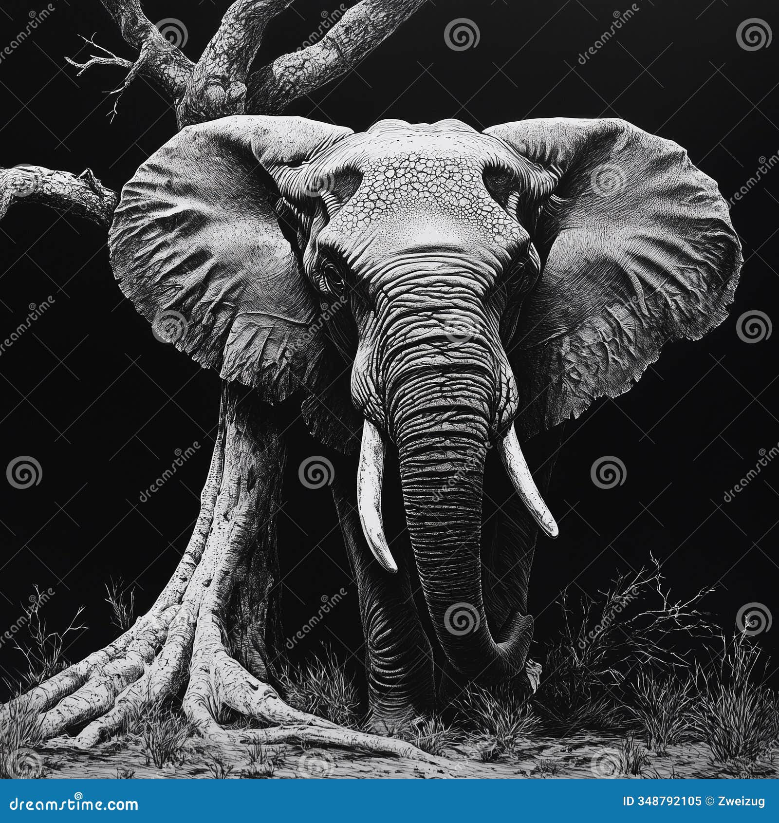 African Elephant by the Tree Portrait Sketch Hyper Realistic Drawing ...