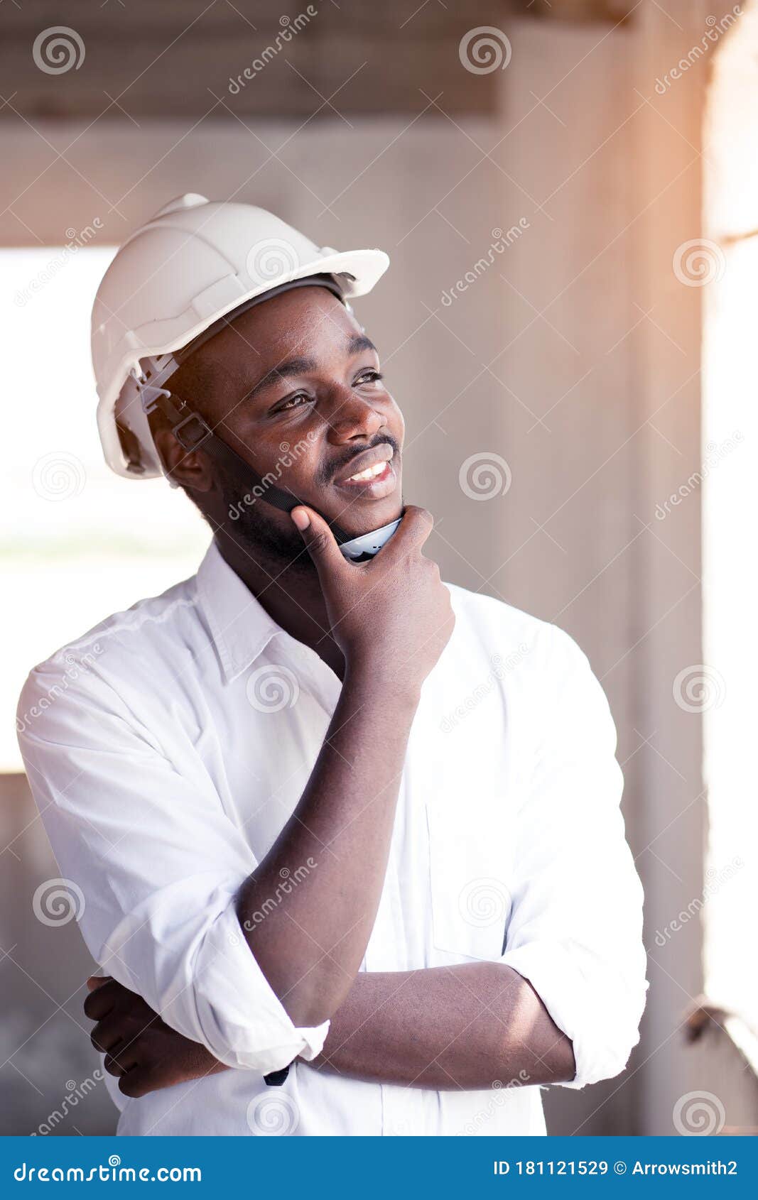 African Engineer Man Stand Up and Thinking Stock Image - Image of ...