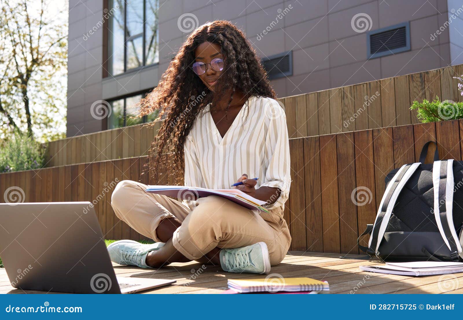 African Female Student Writing Notes Elearning Using Laptop Studying ...