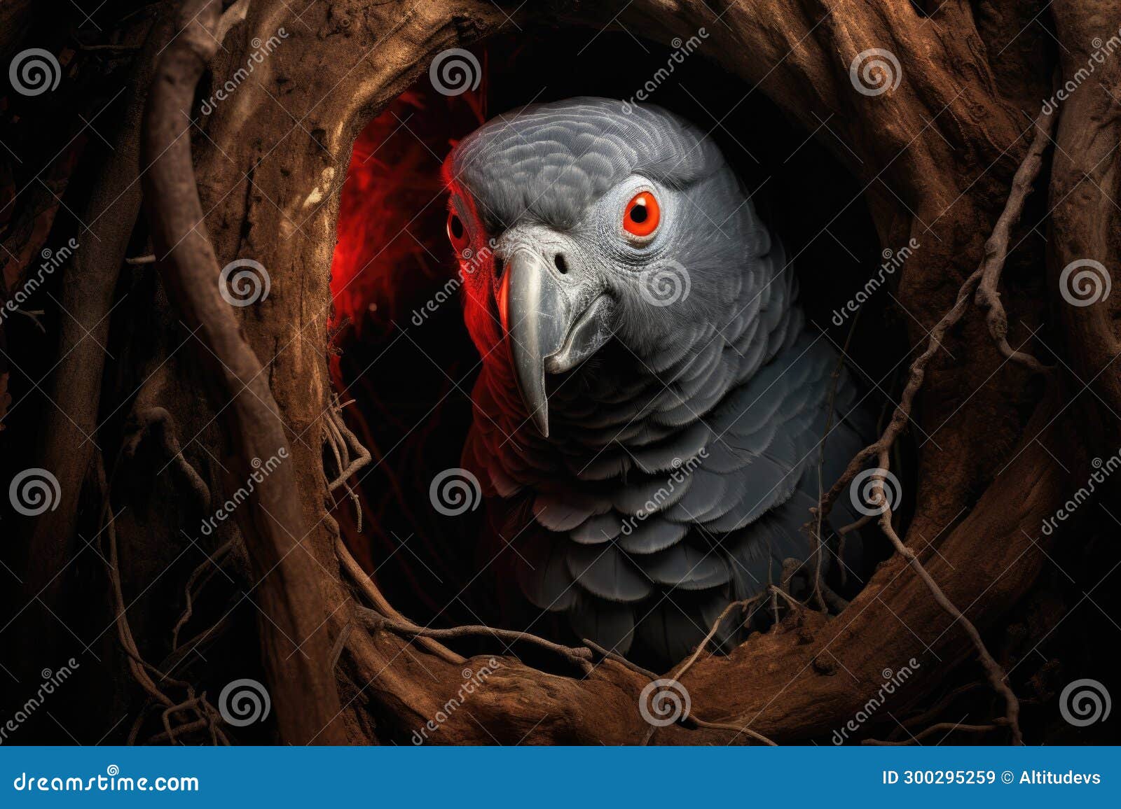 An African Grey Parrot Peering from Its Nest in a Tree Hole Stock Image ...