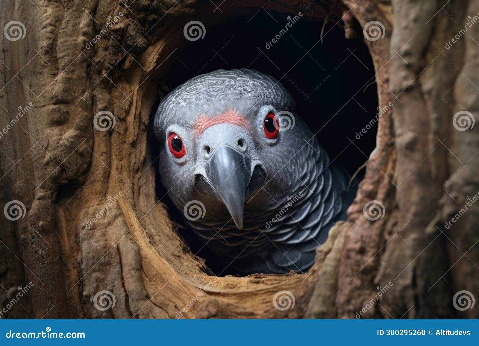 An African Grey Parrot Peering from Its Nest in a Tree Hole Stock Photo ...