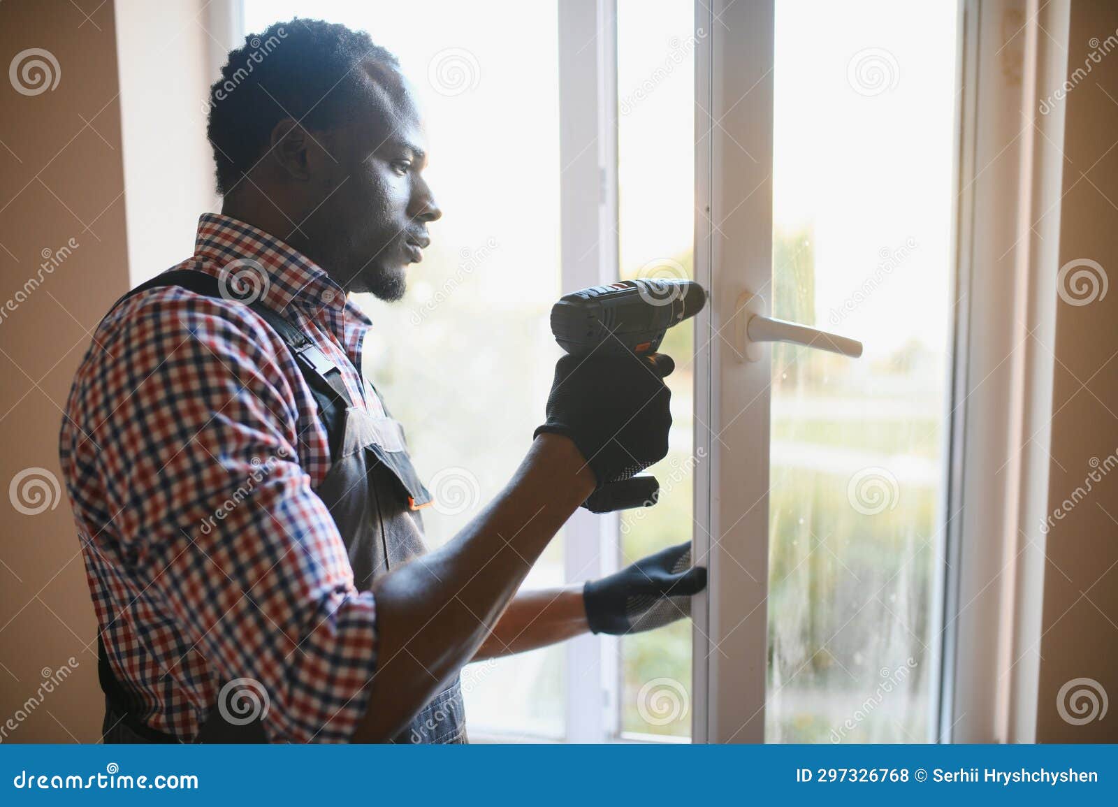 African Handyman Repairing Broken Window on Balcony Stock Photo - Image ...
