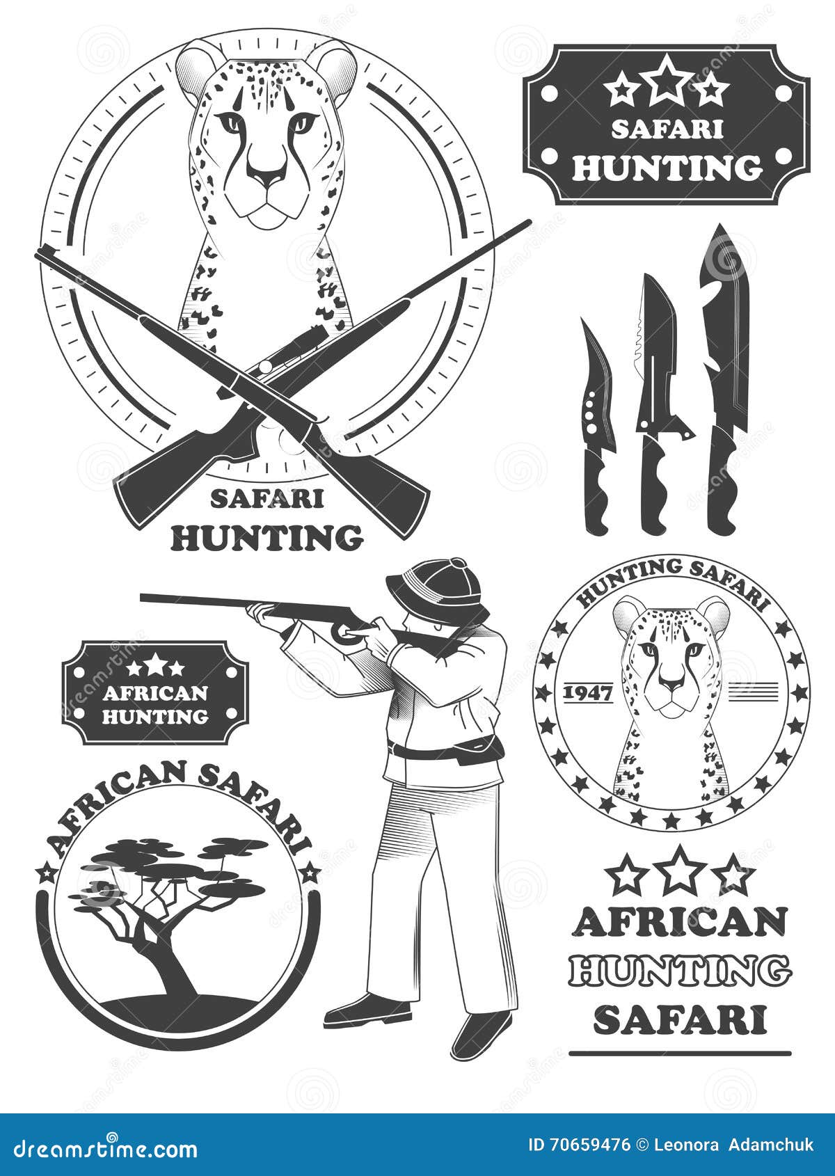 African Hunter Safari Labels, Leopard Emblems and Design Elements ...