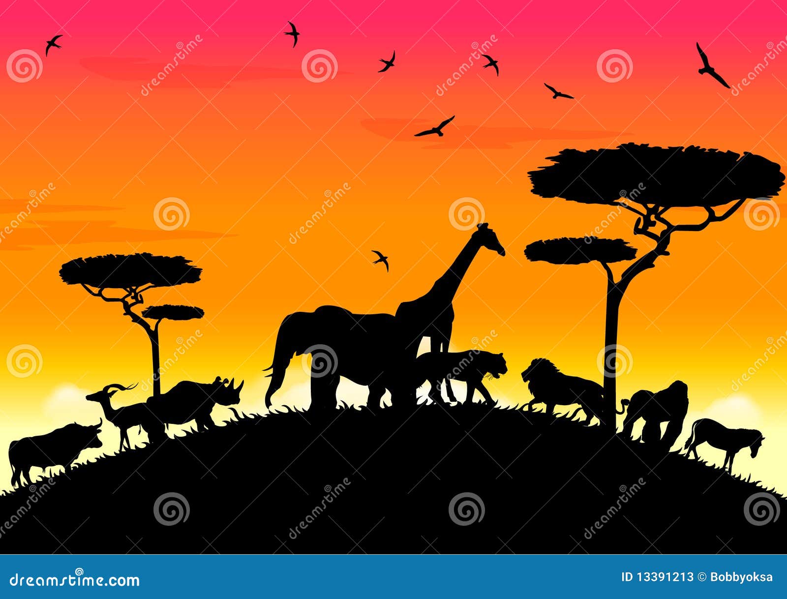 African life with sunset stock illustration. Illustration of reserve ...
