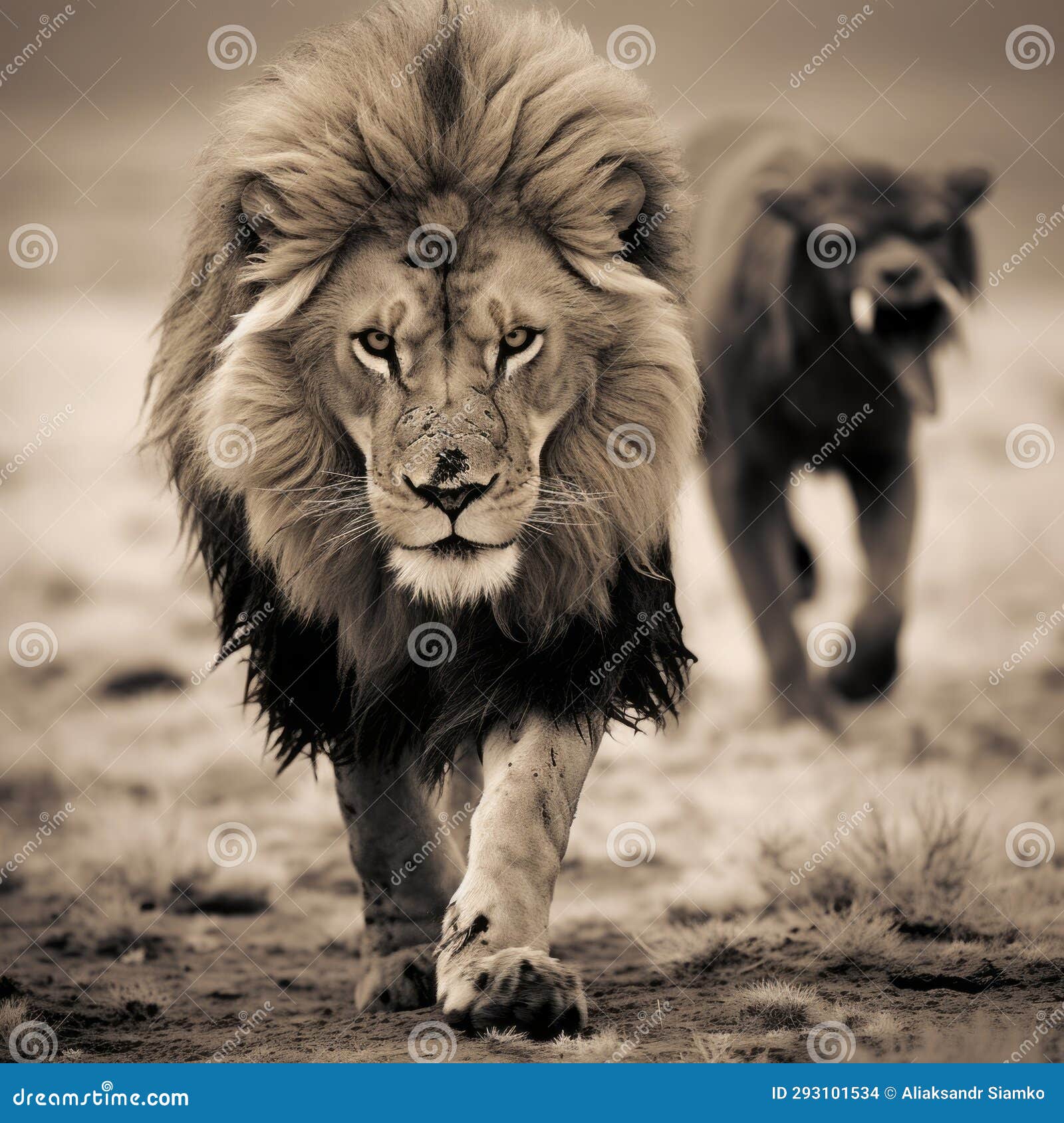 African Lion Being Chased by an American Wolf Stock Photo - Image of ...
