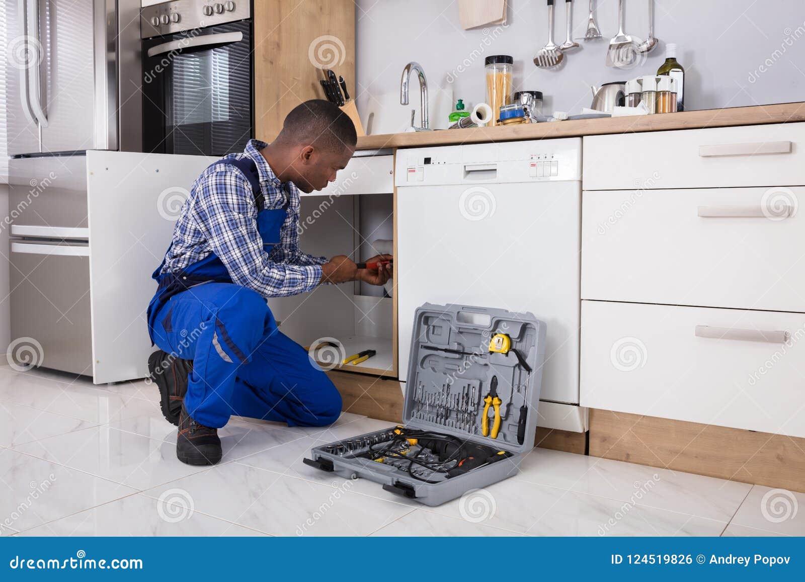 Male Plumber Fixing Sink Pipe Stock Photo - Image of male, plumb: 124519826