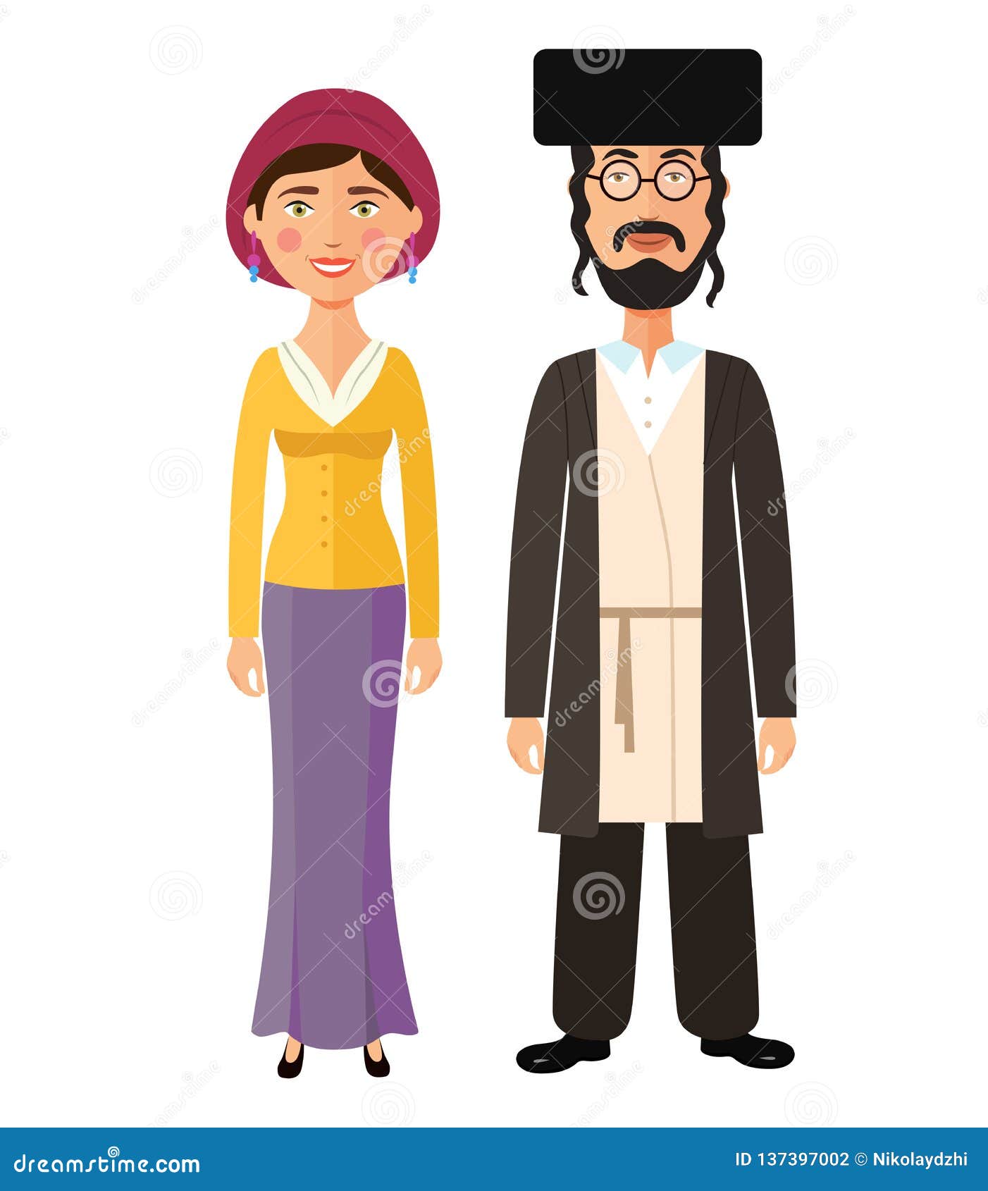 Jewish Couple Traditional Clothes Hasid Rabbi Rabbin National Vector ...