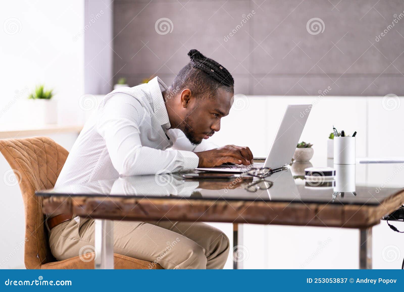 African Man Bad Posture Working Typing Stock Image - Image of manager ...