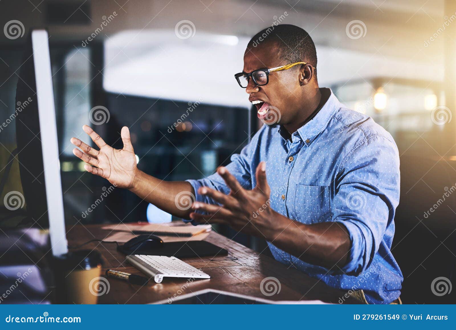 African Man in Business, Night and Angry with Computer Glitch, Stress ...