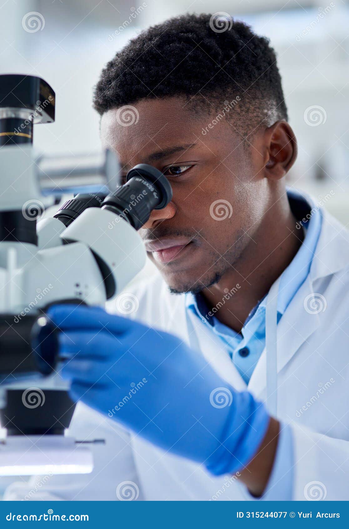 African Man, Scientist and Microscope in Lab with Analysis for Test ...