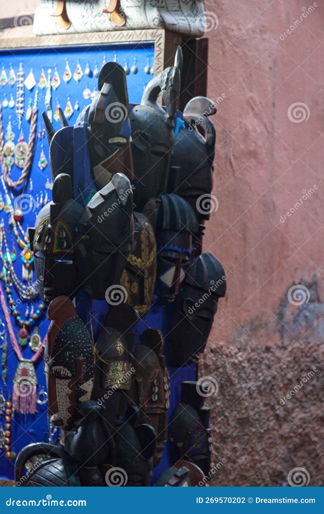 African Masks for Sale at a Moroccan Souk Stock Photo - Image of ...
