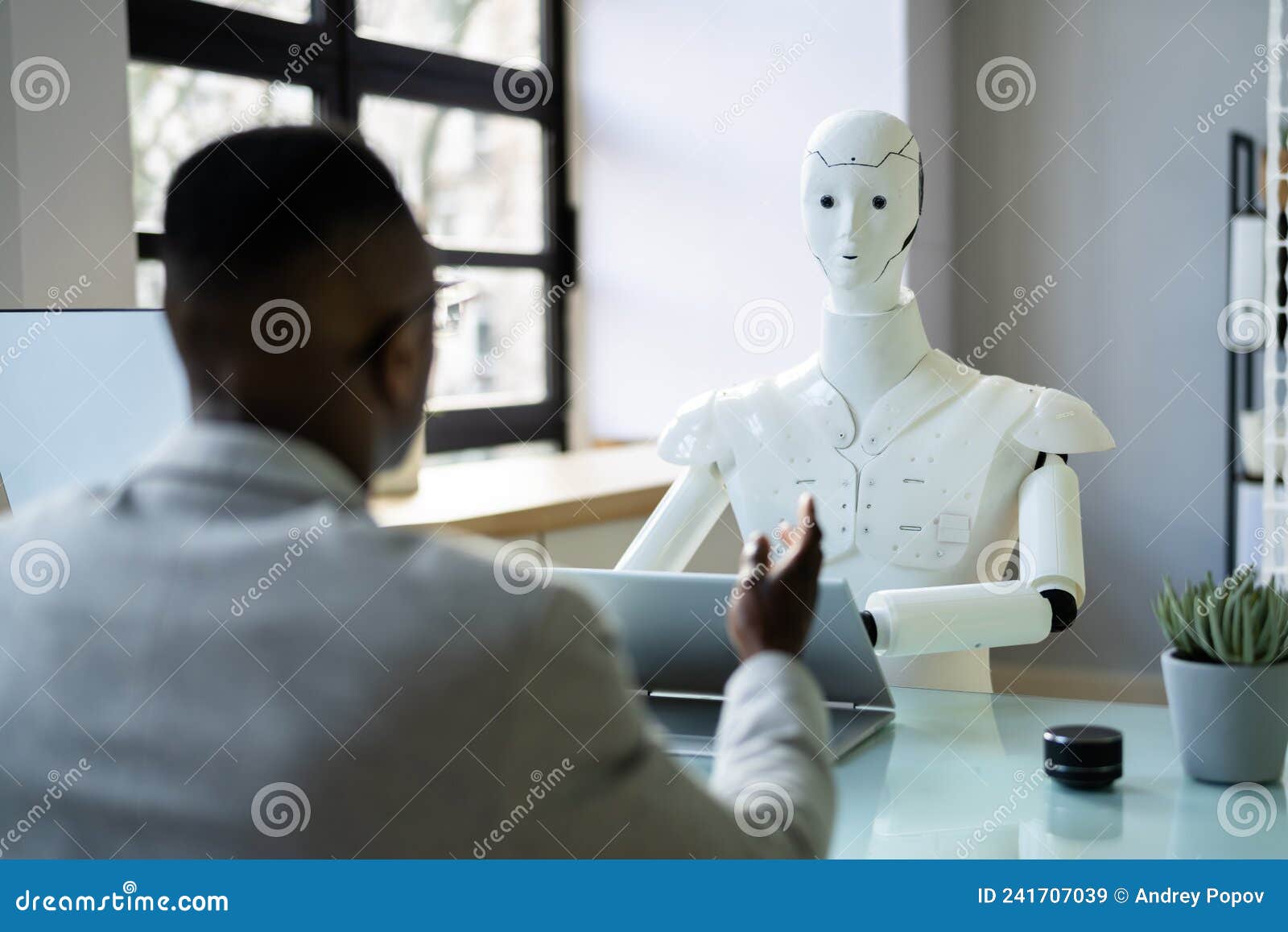 African Men at Interview with AI Robot Machine Stock Image - Image of ...