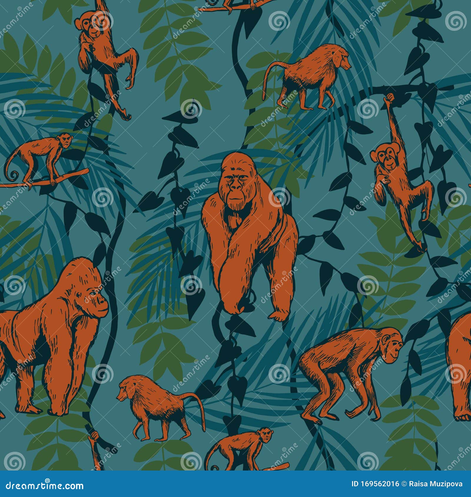 African Monkeys in the Jungle. Vector Pattern Stock Vector ...