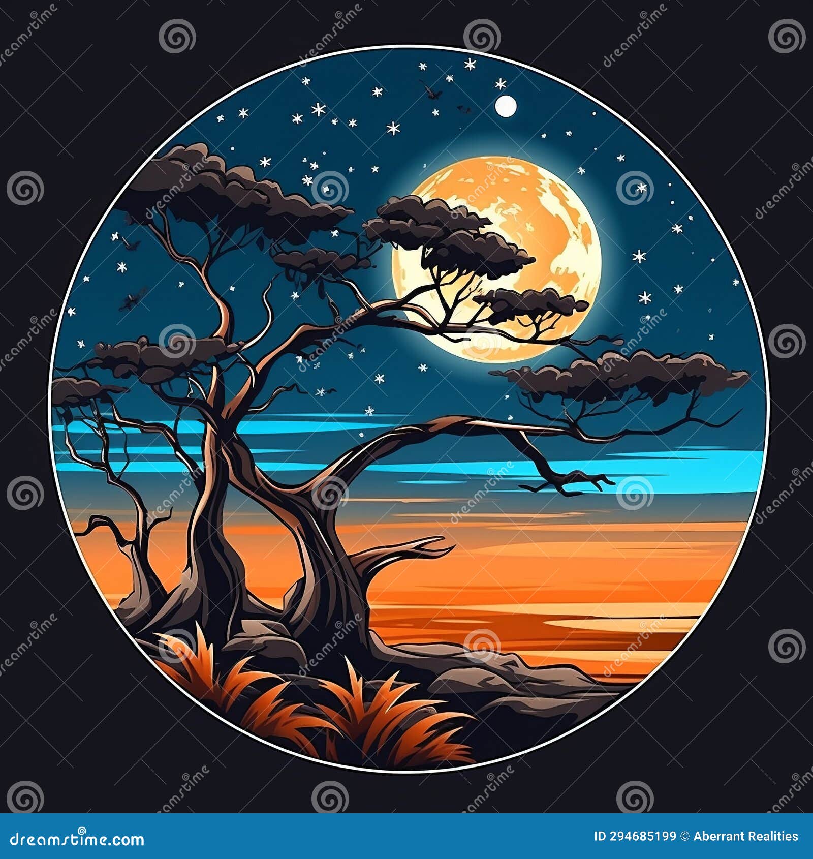An African Night Scene with Trees and a Full Moon Stock Illustration ...