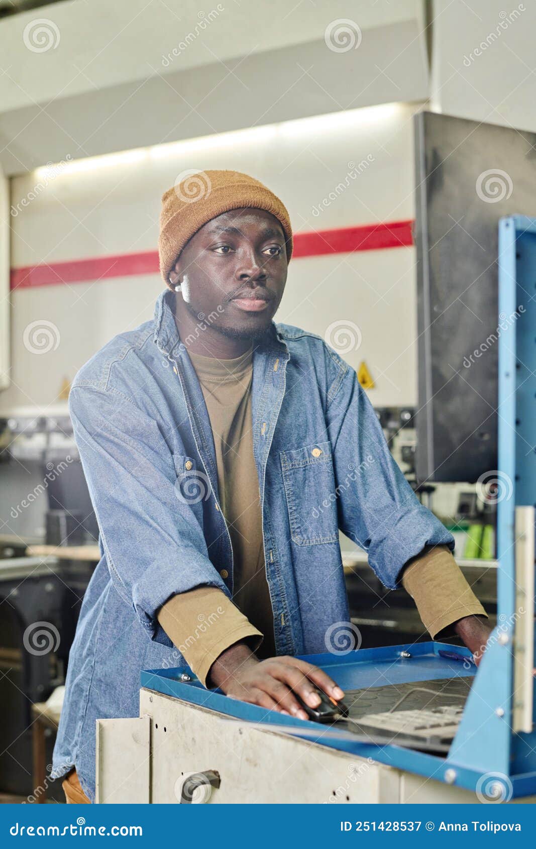 African Operator Working at Computer Machine Stock Image - Image of ...