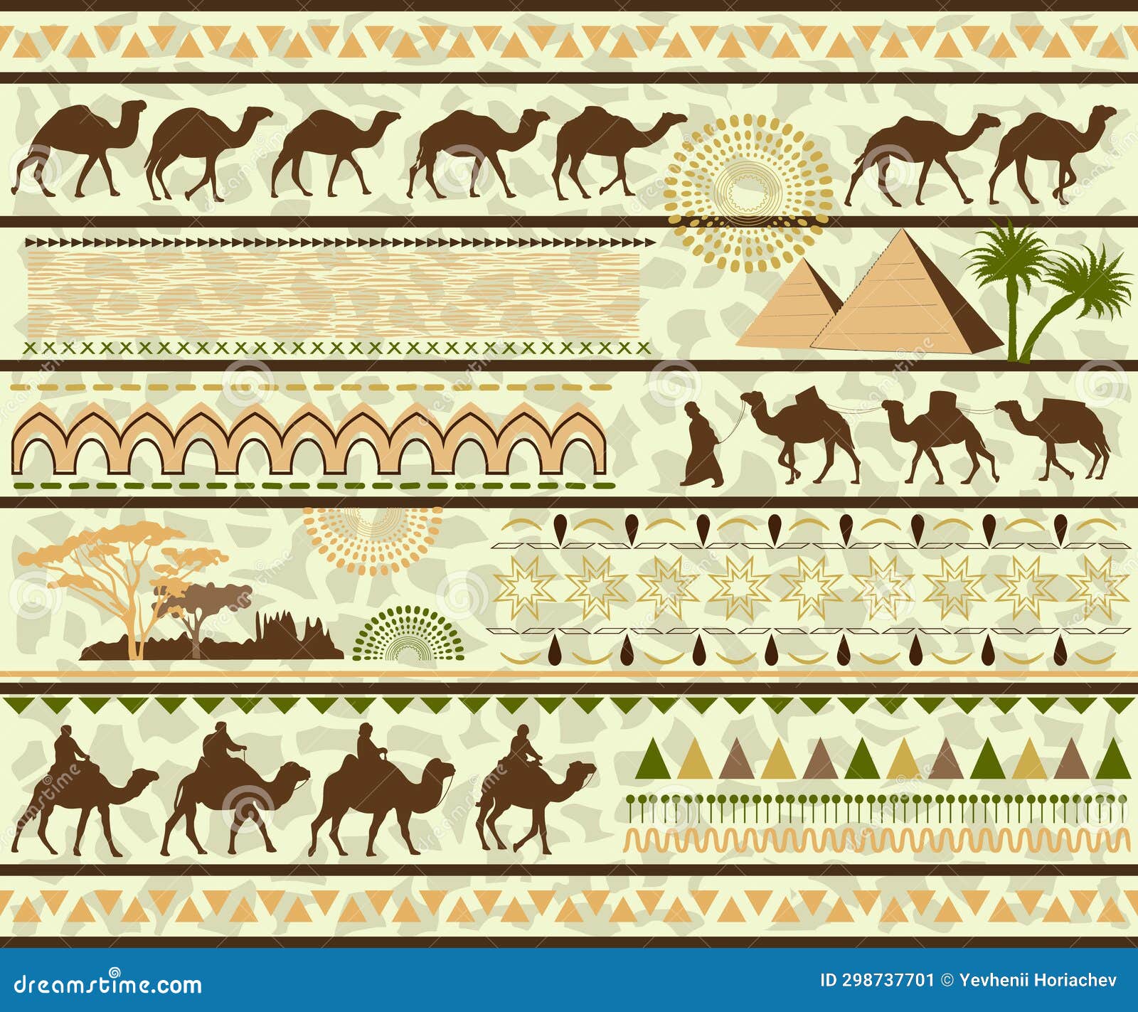 African Patterns with Camel, Palm, Acacia, Pyramid and Men Silhouettes ...