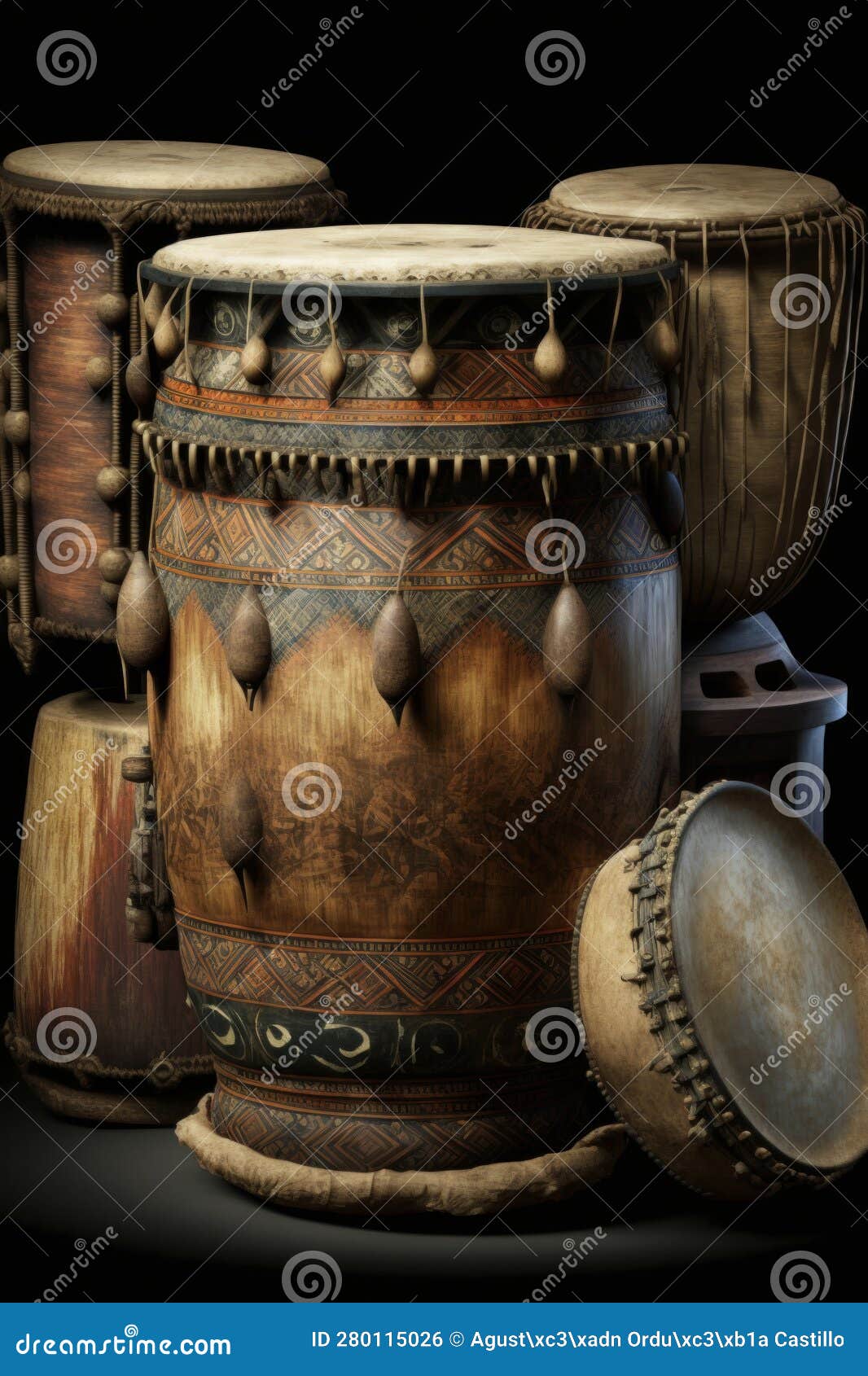 Set African Percussion Drum, Drum With Sticks And Darbuka On Seamless ...