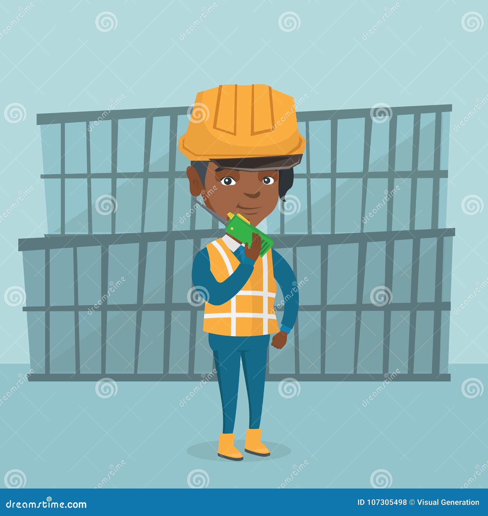 Port Worker Standing On Cargo Container Background Cartoon Vector ...