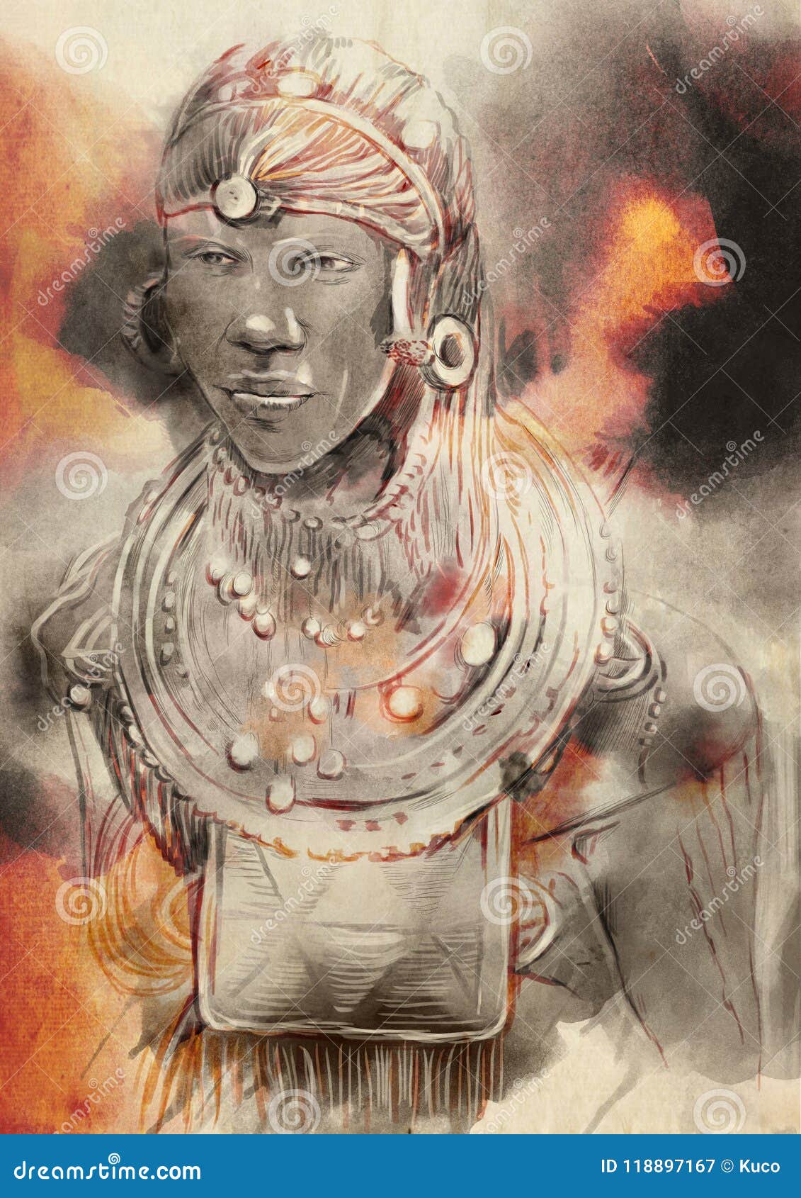 African. Portrait - an Hand Drawn, Painted Illustration Stock Vector ...