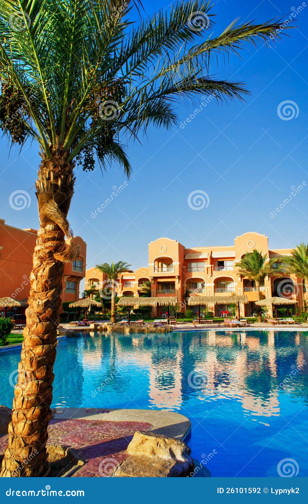 African Resort, Swimming Pool. Stock Photo - Image of blue, mattress ...