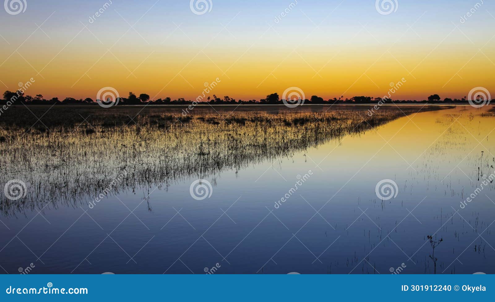 African Sky Landscape and Water Surface in the Okavango Delta at Dusk ...