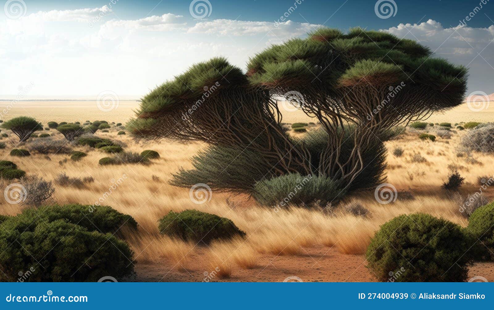 African Steppe, Light Wind, Little Green, Some Bushes, Two Trees Stock ...
