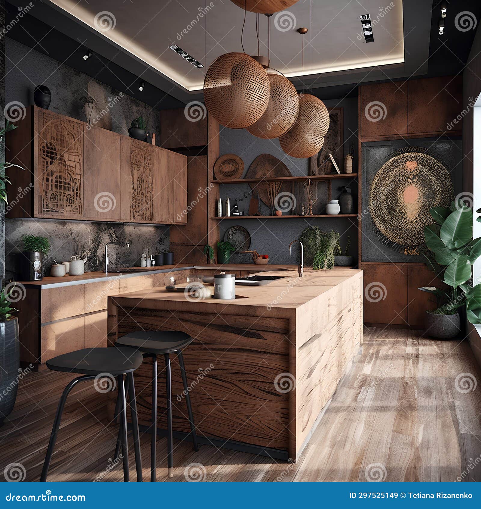 African Style Kitchen Interior with Ethnic Decor in Modern House Stock ...