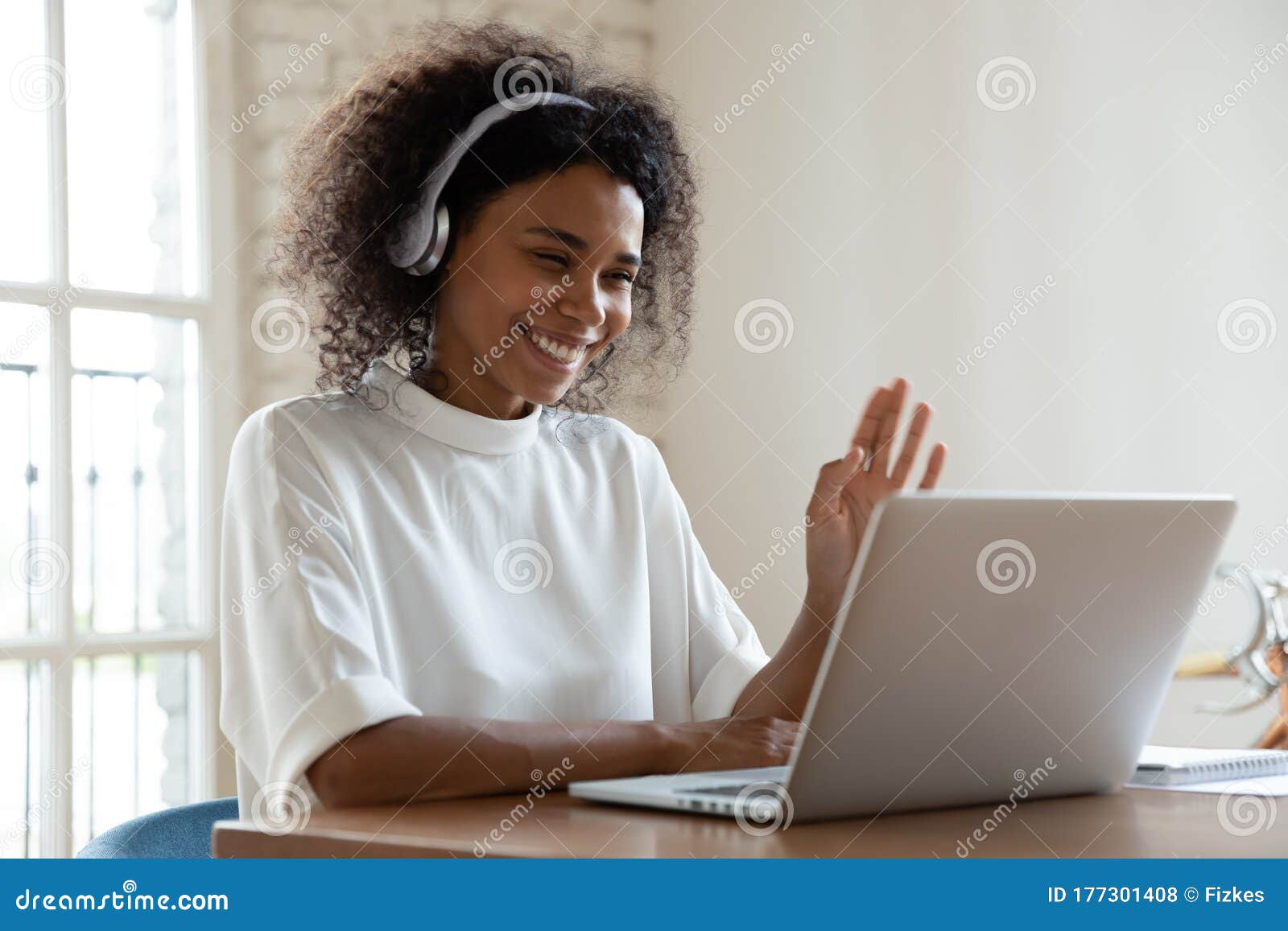 African Tutor Start Online Lesson with Trainee Smiling Wave Hand Stock ...