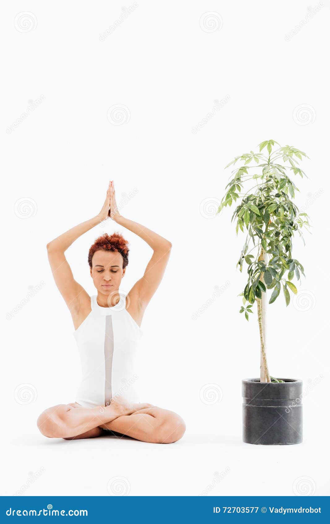 African Woman Practicing Lotus Yoga Pose Near Tree In Pot Stock Image
