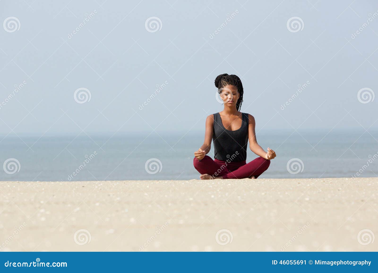 African Woman Sitting At Beach In Yoga Pose Stock Image Image Of