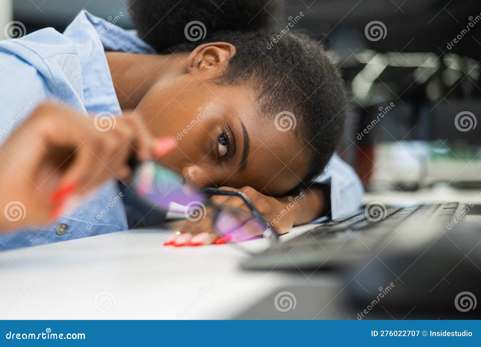 African Young Woman Sleeping at Work Desk. Stock Image - Image of ...
