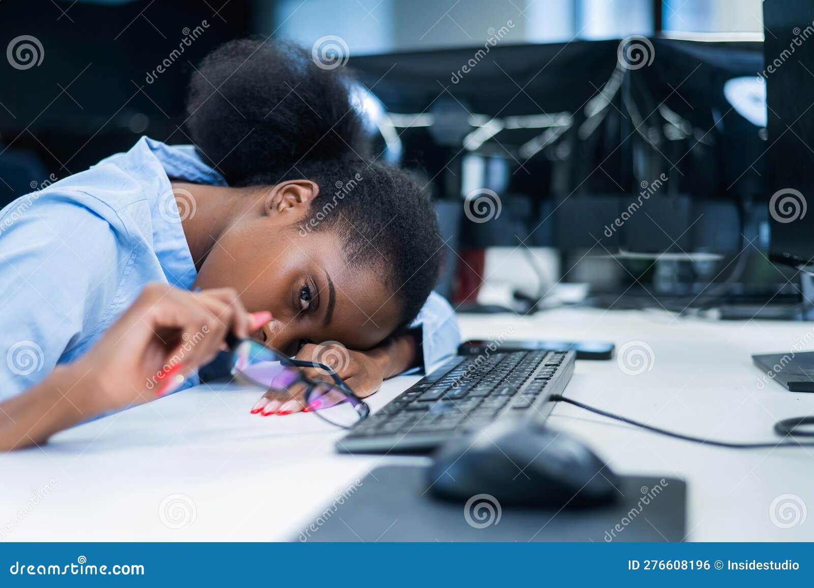 African Young Woman Sleeping at Work Desk. Stock Photo - Image of ...