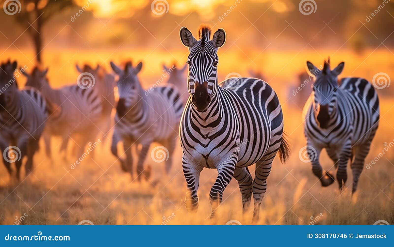 African Zebra Herd Grazing in the Sunset on Savannah Plain Generated by ...