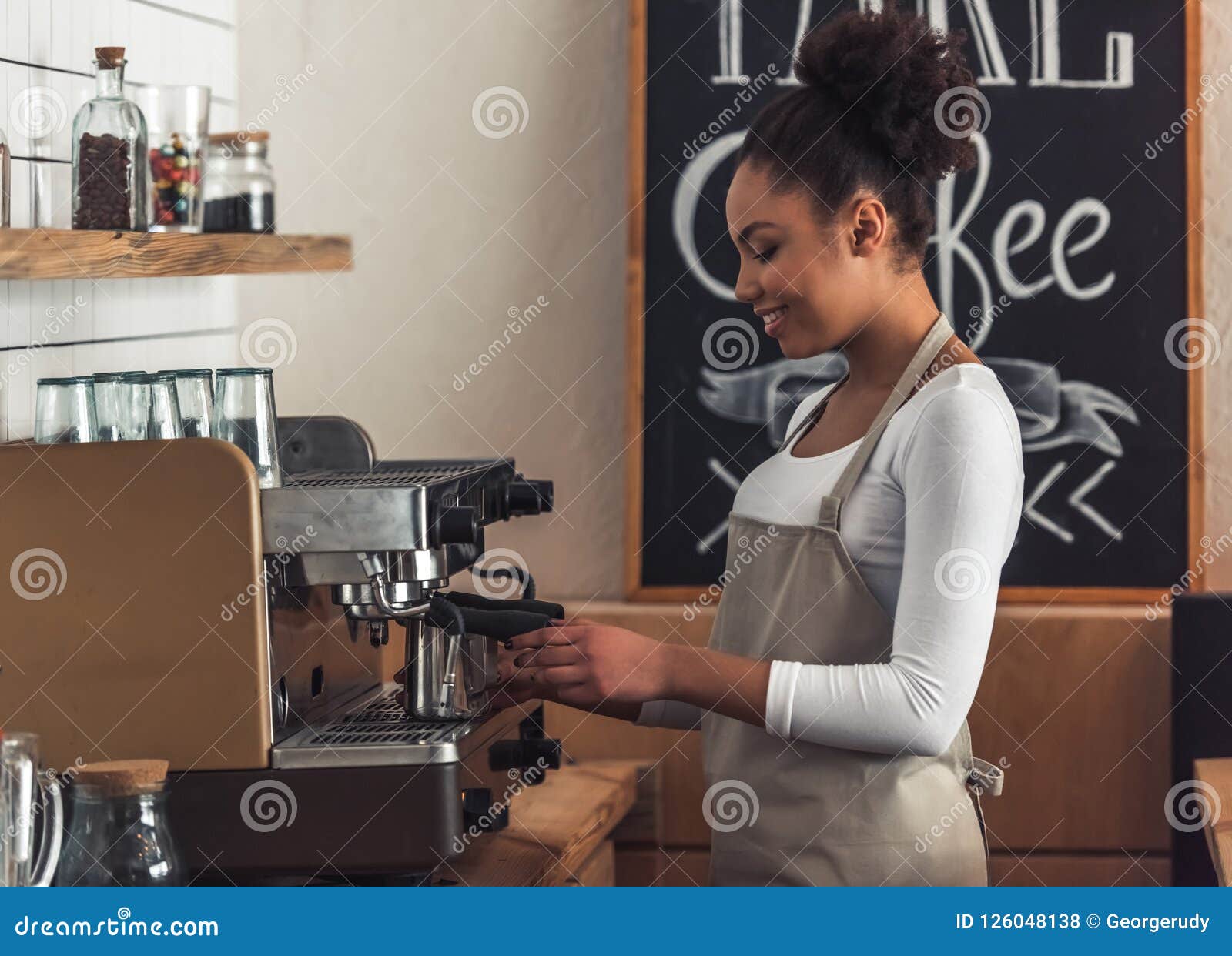 Afro American barista stock photo. Image of cheerful - 126048138
