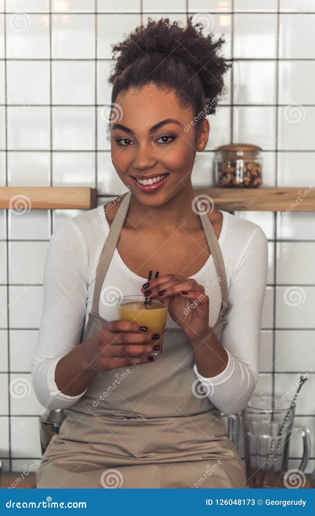 Afro American Waitress Stock Image Image Of Apron Afro 126048173