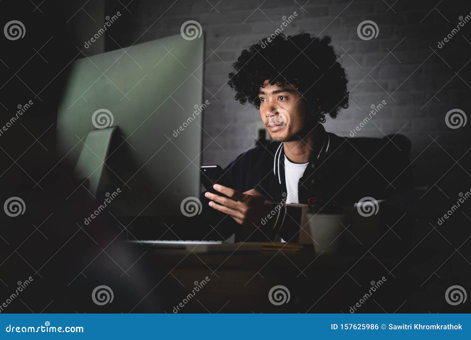Afro Asian Man Using Desktop Computer Stock Photo - Image of interior ...