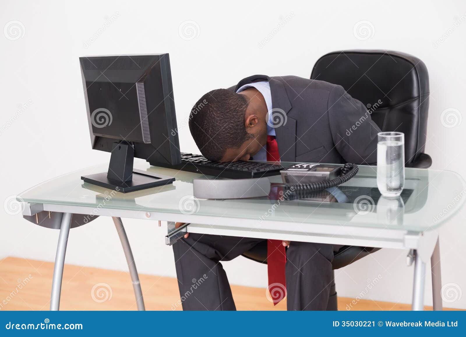 Afro Businessman Resting Head on Keyboard in Office Stock Image - Image ...