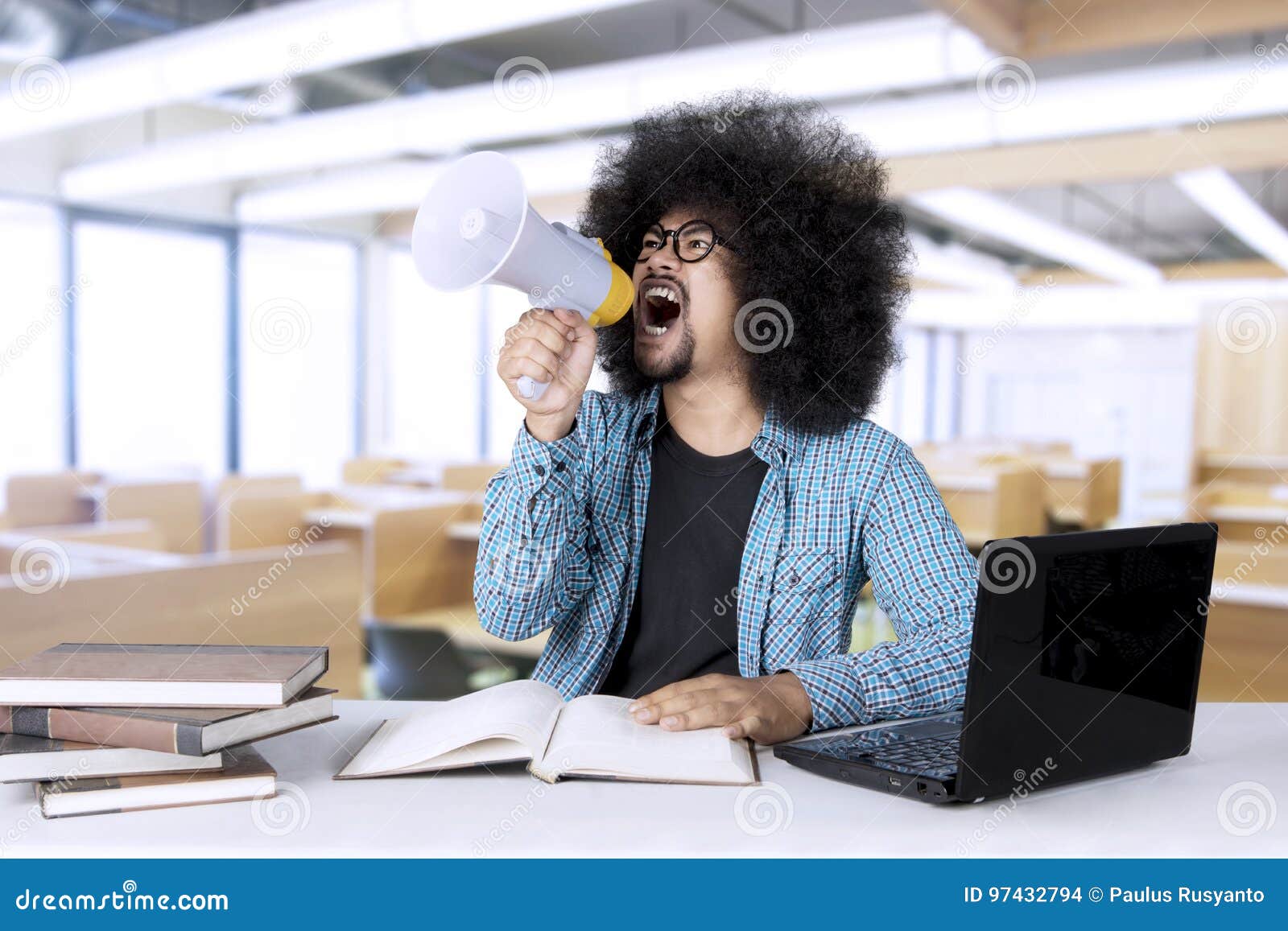 Afro College Student with Megaphone Stock Photo - Image of loud ...