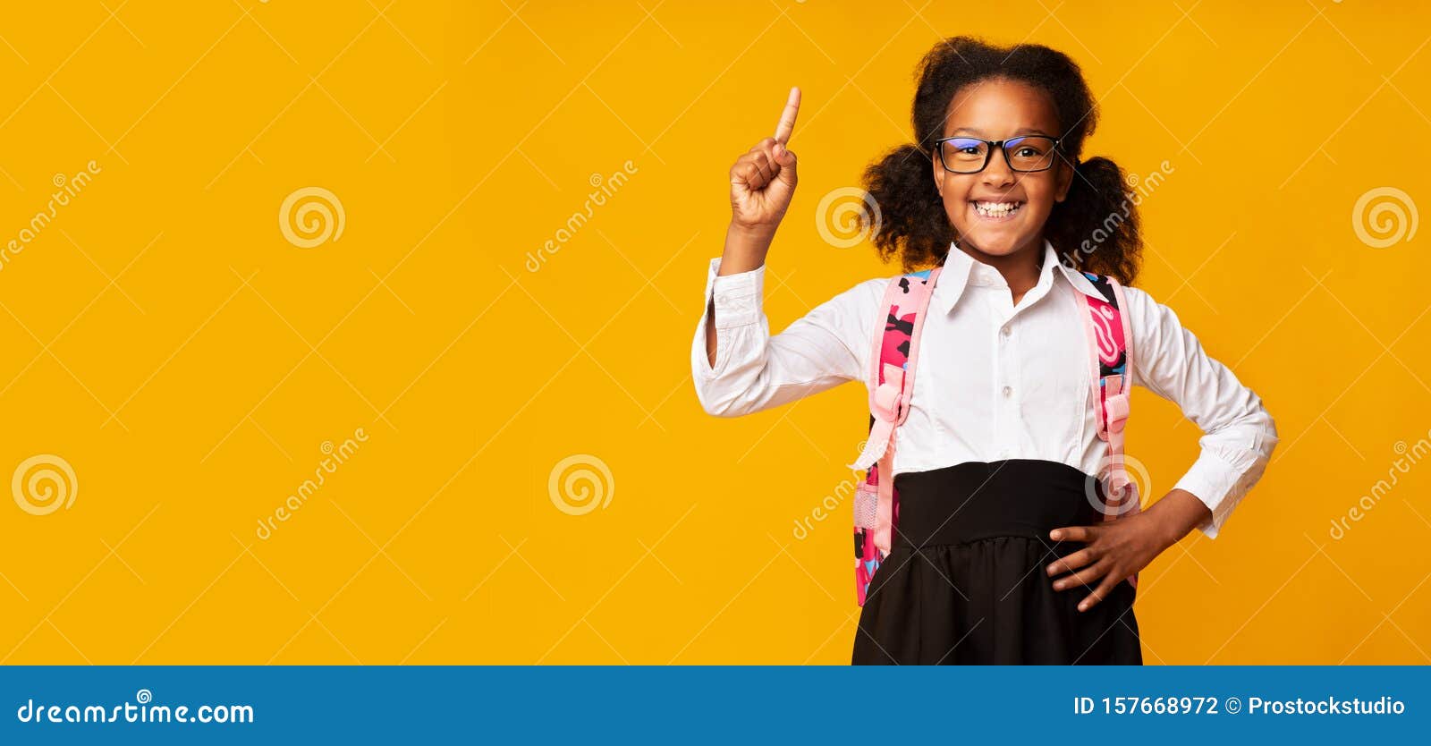Afro Elementary Student Girl Pointing Finger Up, Yellow Background ...