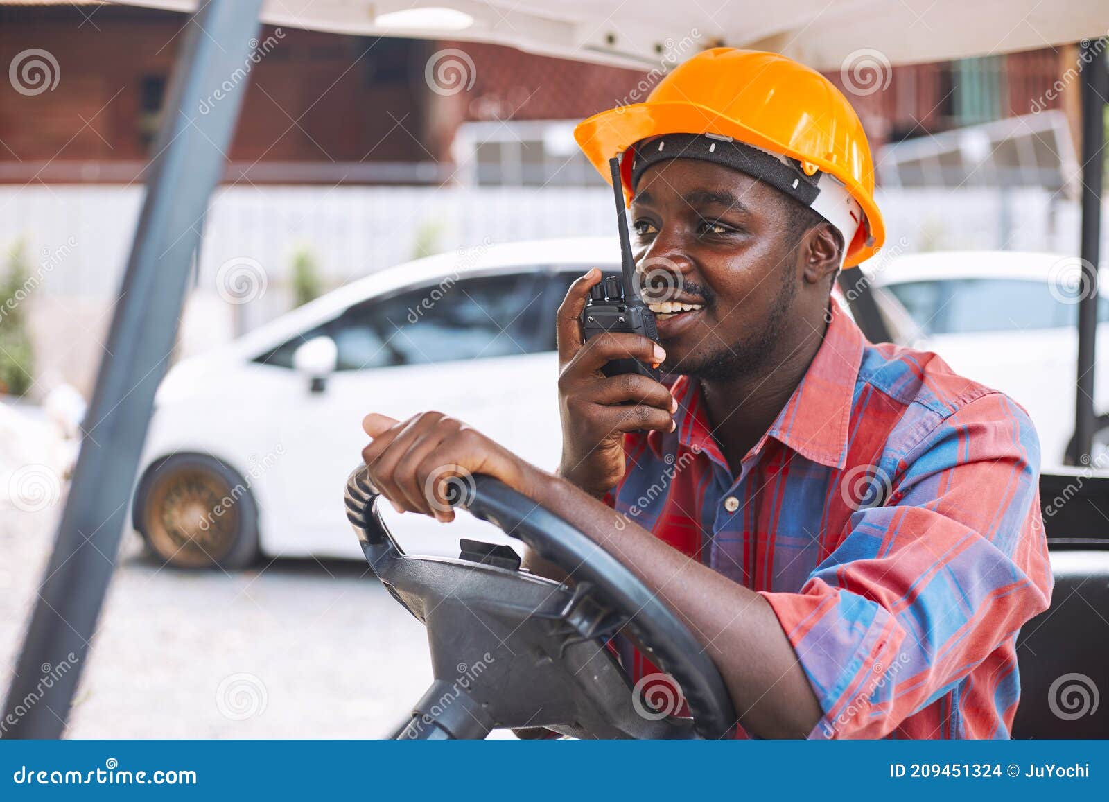 Afro Loader Worker is Talking on the Walkie-talkie in Forklift Stock ...
