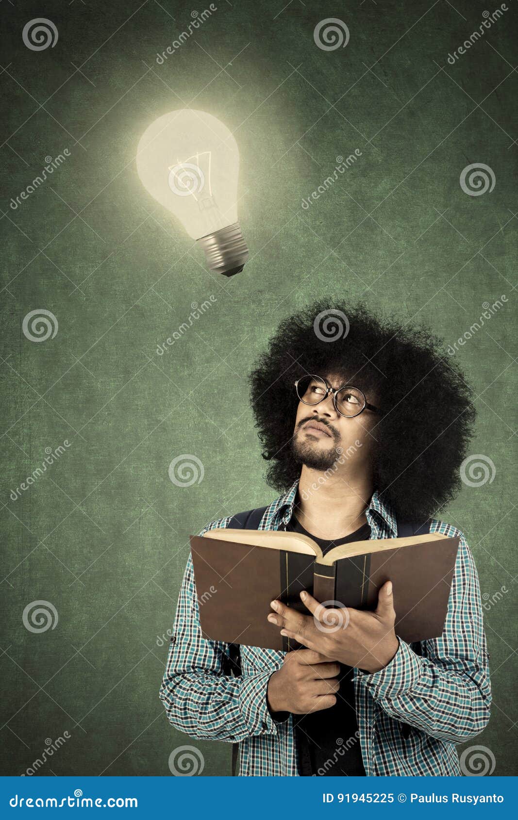 Afro Man Thinking Idea with Light Bulb Stock Image - Image of casual ...