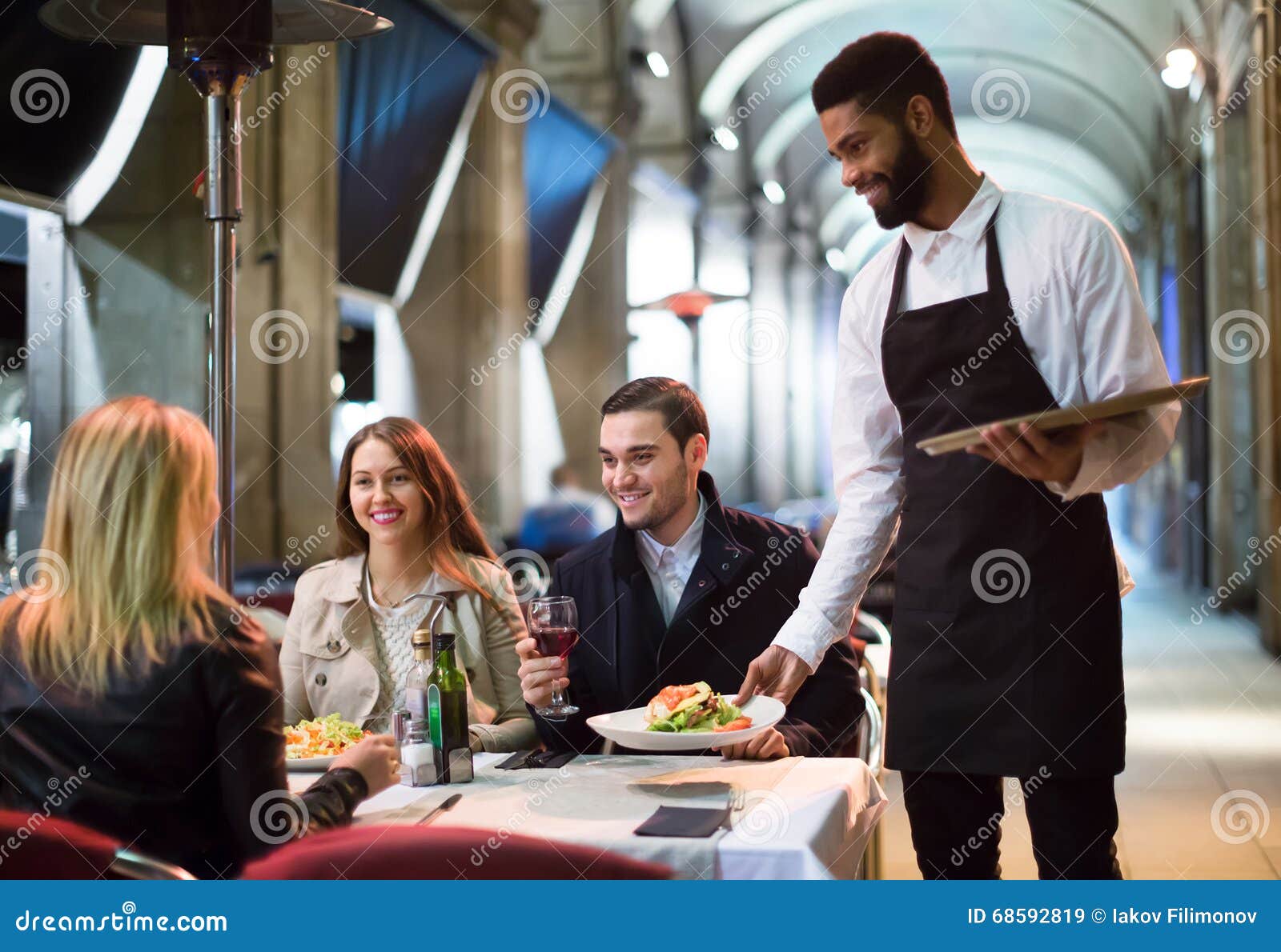 Afro Waiter Taking Table Order and Smiling Stock Image - Image of ...